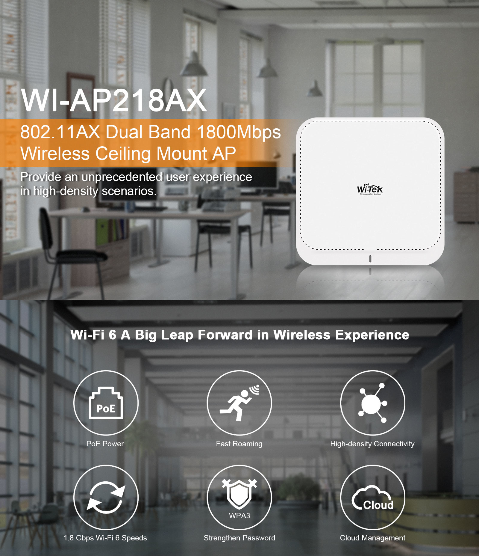 Wi-Tek WI-AP218AX, 11AX 1800Mbps Indoor Ceiling Mount Cloud Access ...